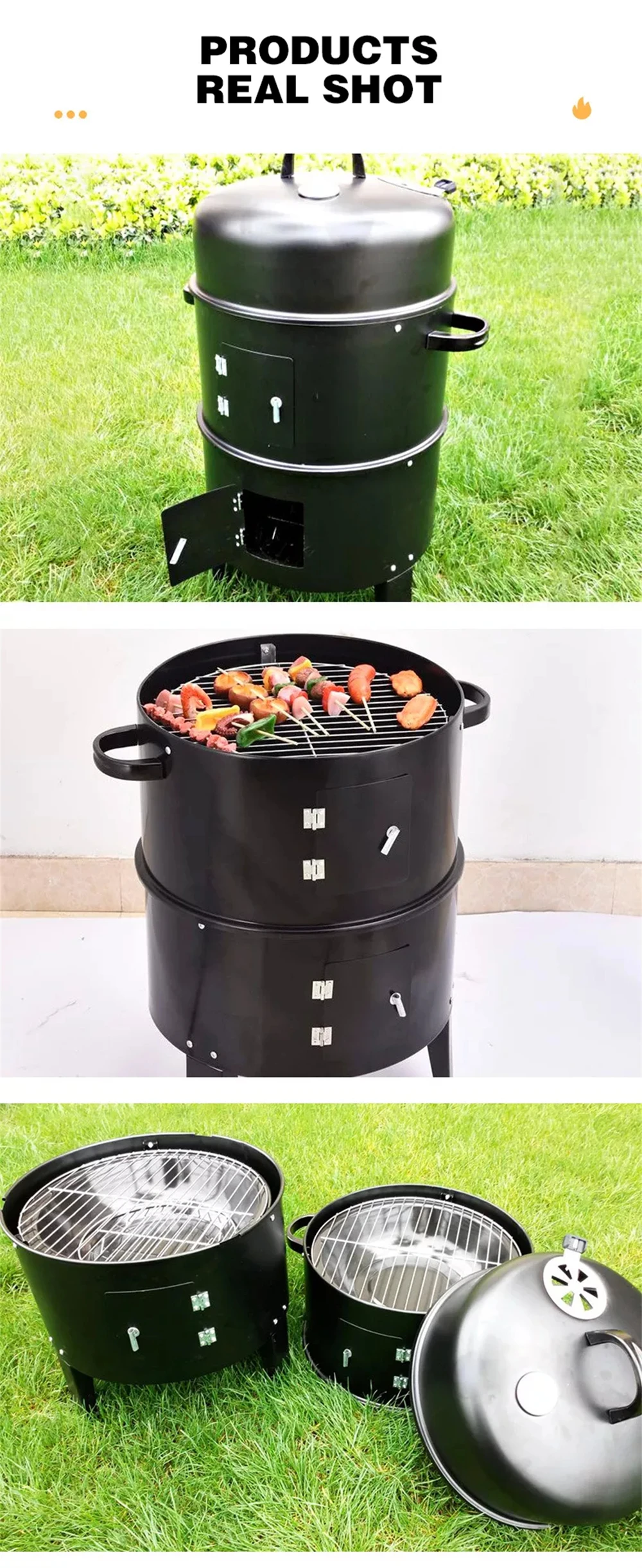 3 Layers Tower Charcoal Grill Vertical Cylinder Stove Outdoor Portable ...