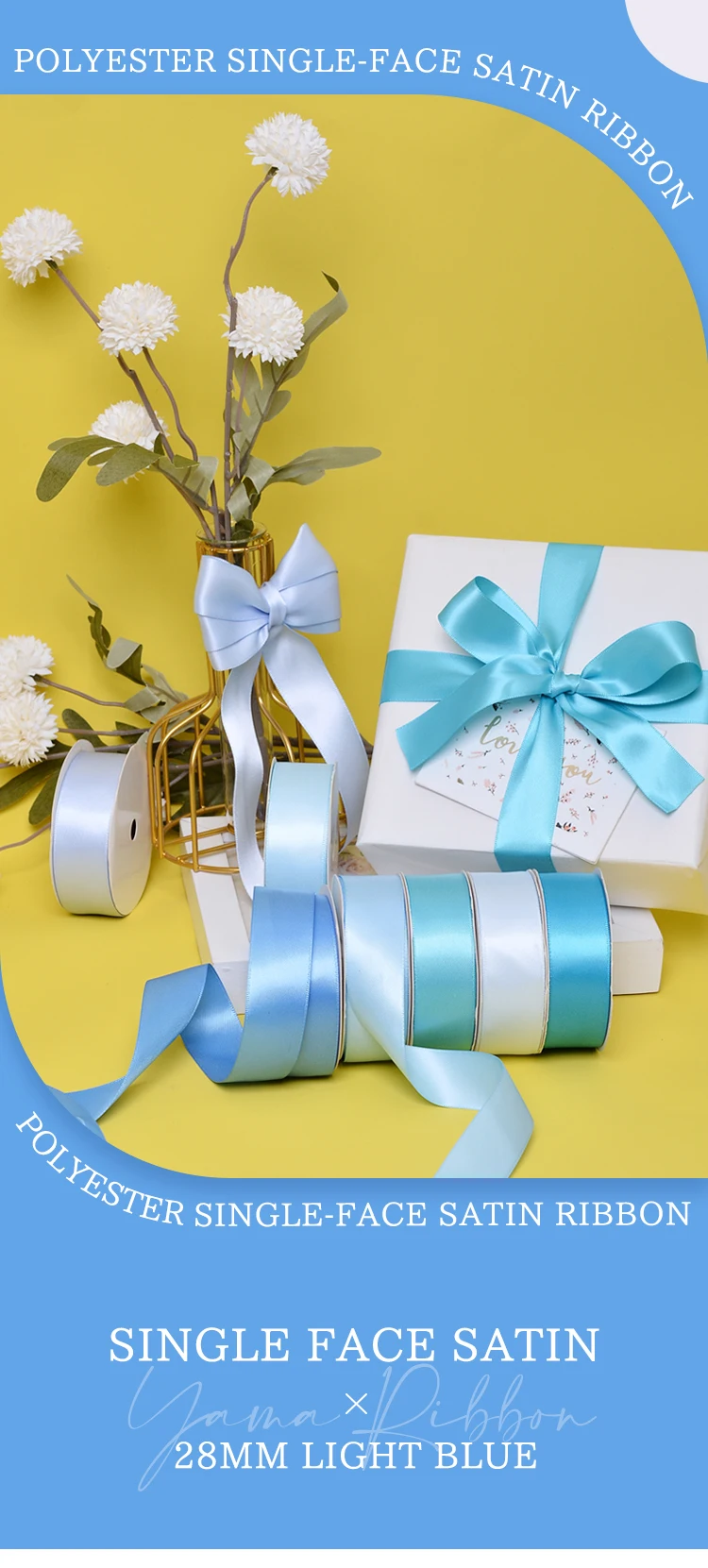 Factory Wholesales Ribbon Single Face Light Sky Blue Satin Ribbon Roll ...