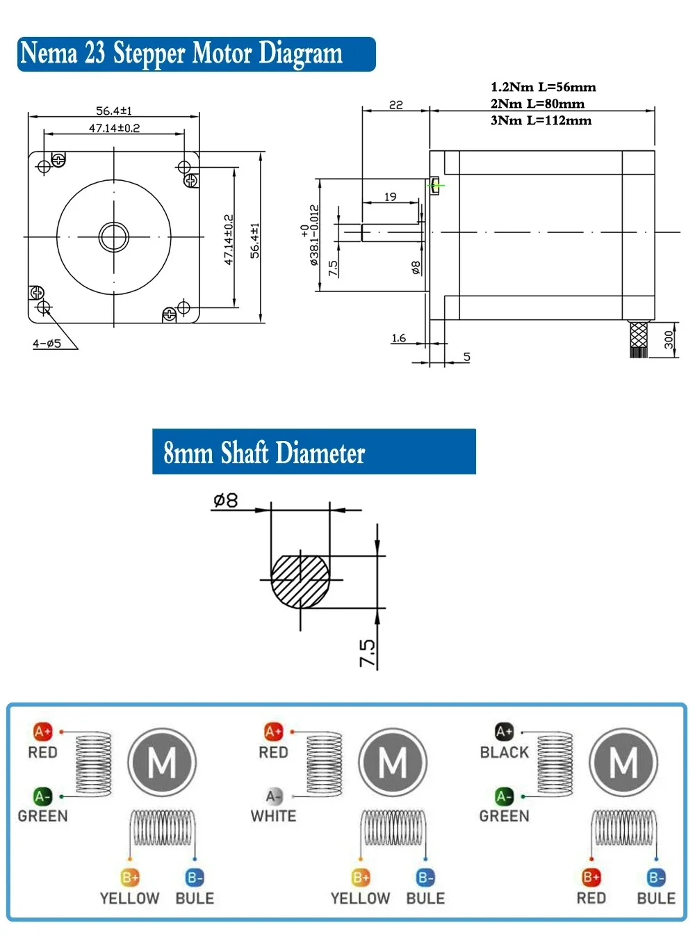 Nema23 Stepper Motor Driver Kit 3a 2phase 8mm Axle 1.2nm 2nm 3nm 57mm ...