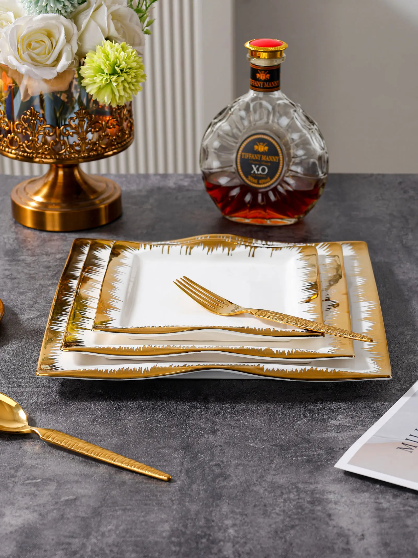 Modern Gilded Piano Pattern Diamond Plate Sets Porcelaine Dinnerware ...