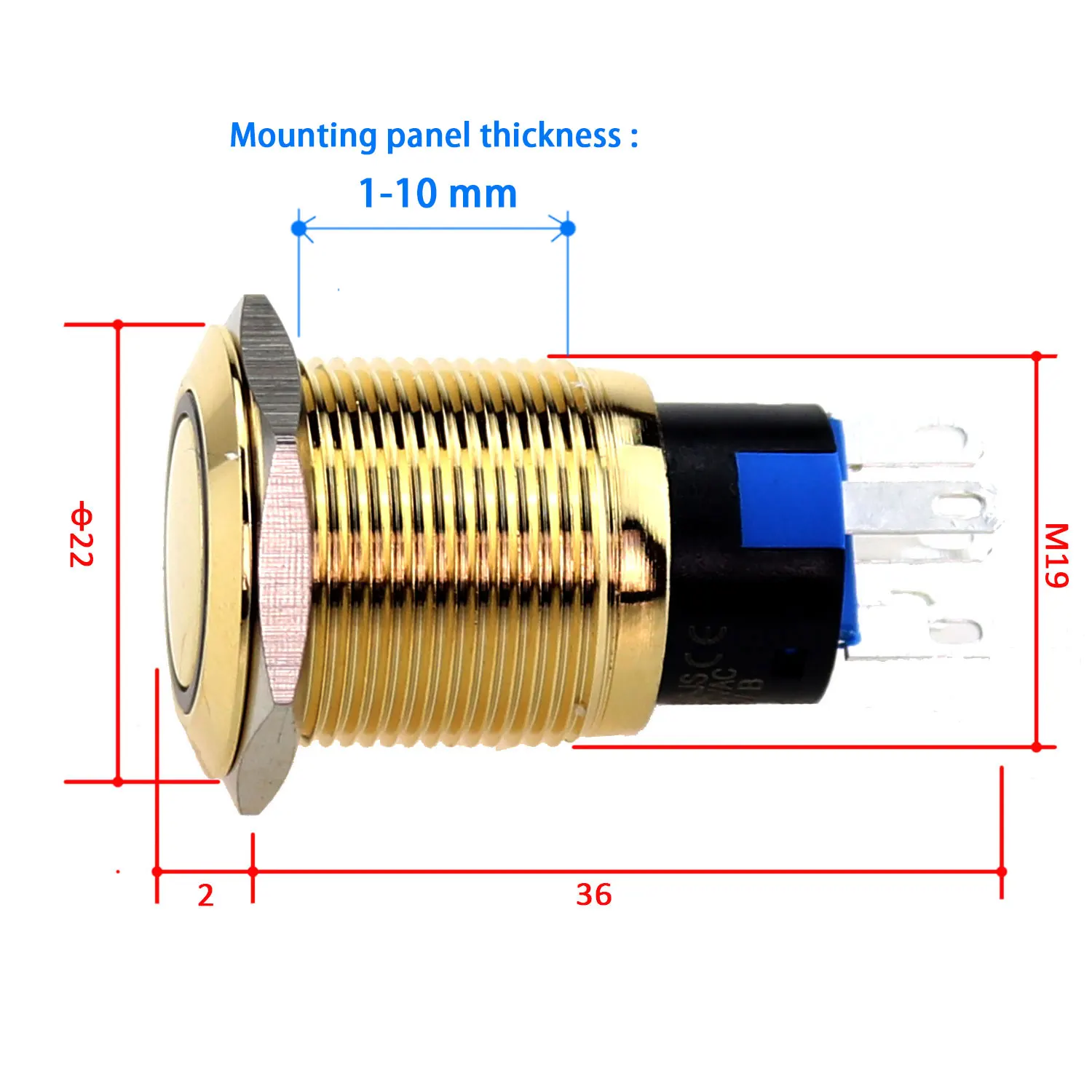 19mm Ip67 Self Reset Self Locking Waterproof Start Stop 220v Led Gold ...