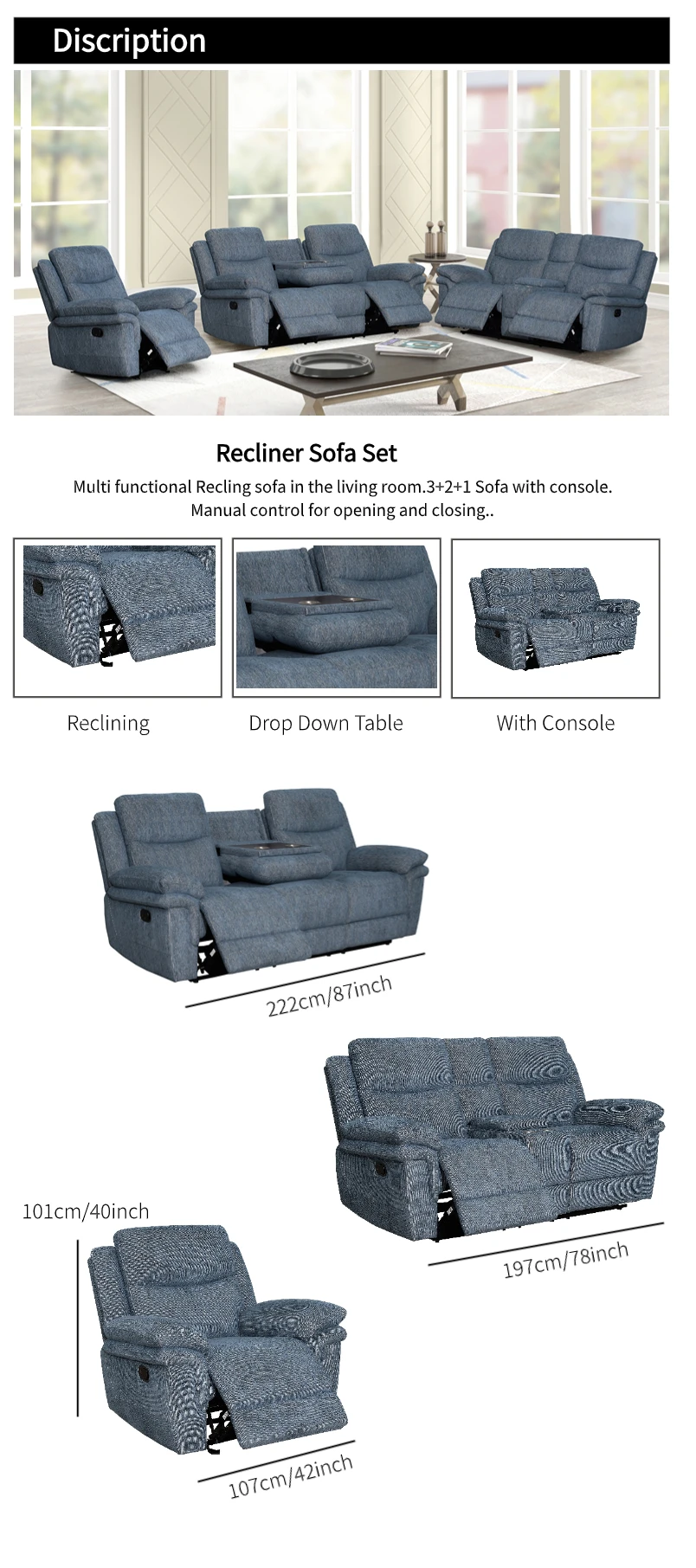 Modern Electric Genuine Leather 321 Couch Power Rocking Chair Recliner ...
