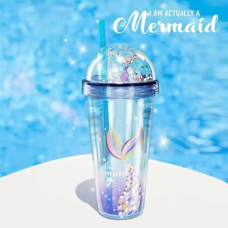 2024 Mermaid Plastic Bottle With Straw Summer Double Pearl Cups For ...