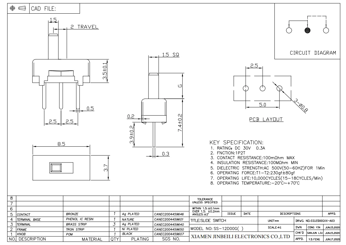 Ss-12d00 1p2t Slide Switch Vertical Dip Type Slide Switch - Buy Slide Switch 1 Position,1p2t ...