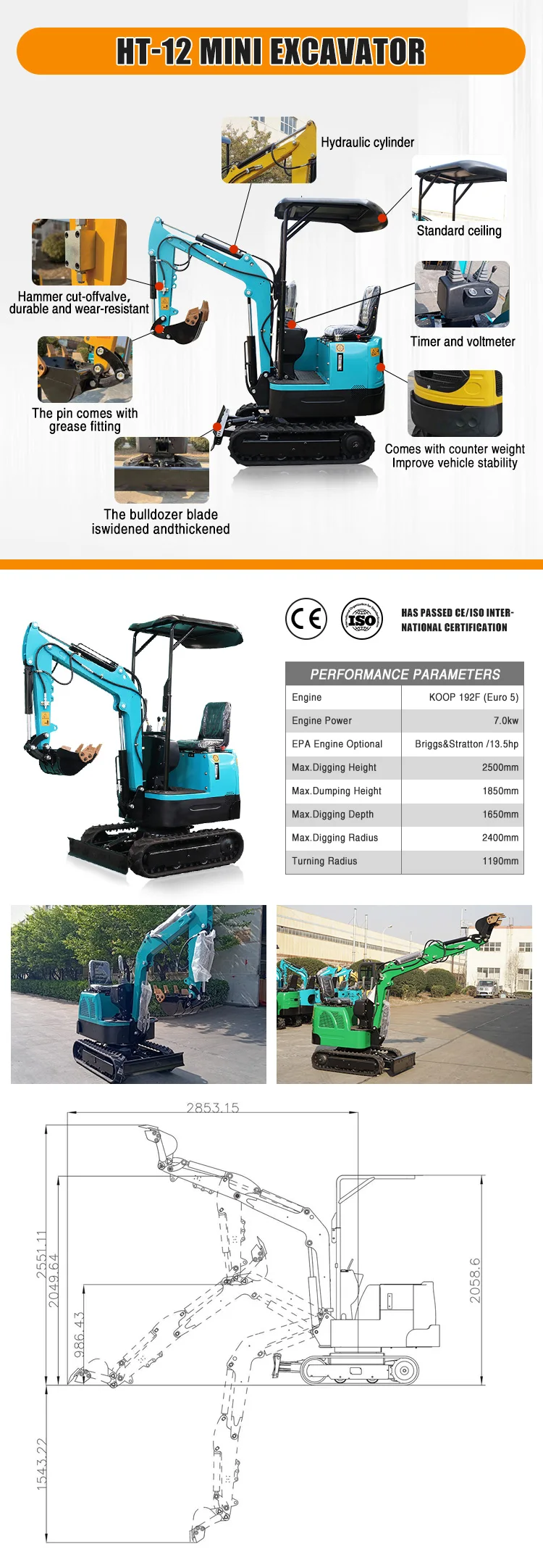 Mini Excavator Digger Bagger - 1.2 Ton Diesel Power