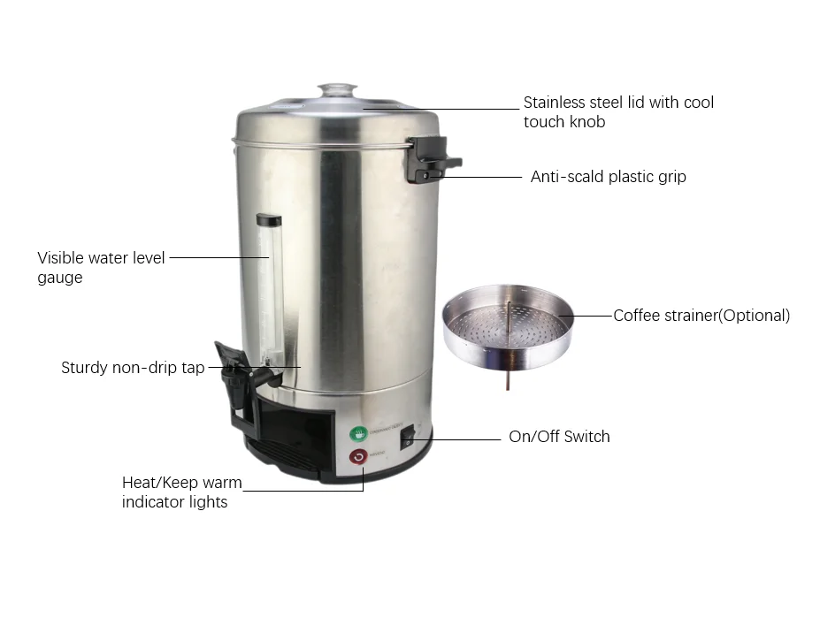 Stainless Steel Coffee Urn - 15L Percolator for 100 Cups
