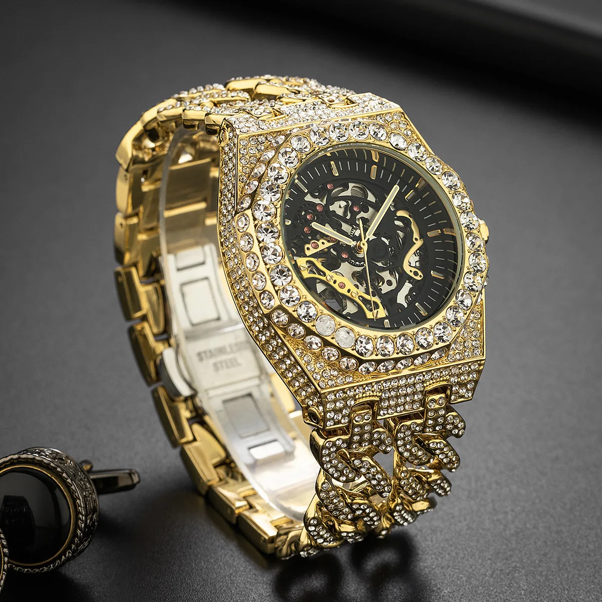 Luxury Cuban Link Chain Skeleton Mechanical Automatic Watch for Men ...