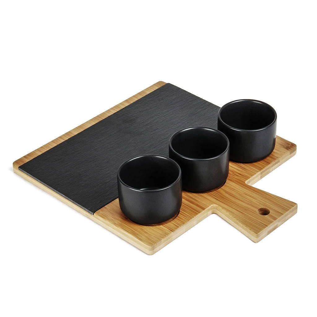 2-tier Natural Slate Buffet Server With Foldable Acacia Wooden Frame ...