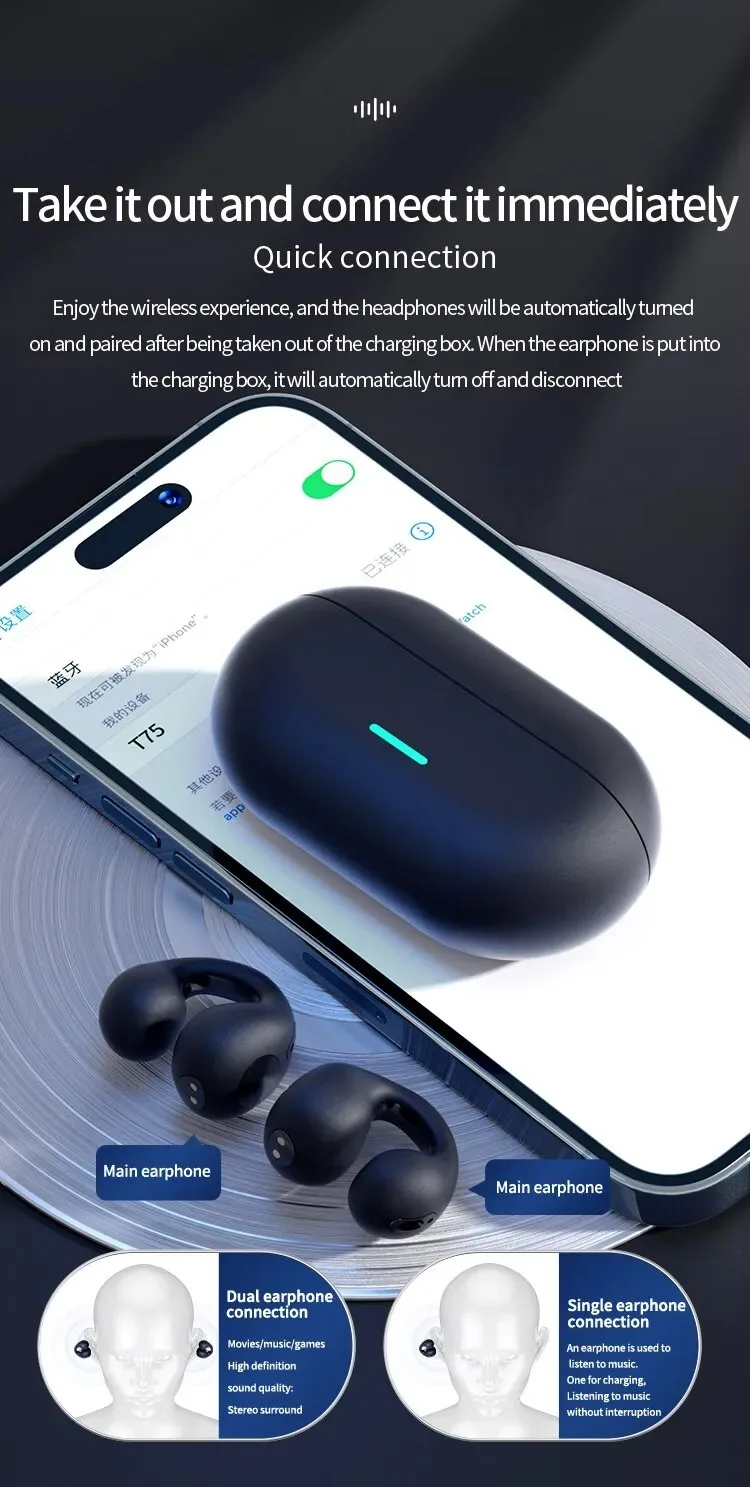 T75 TWS Earbuds Bone Conduction Clip Ear HD Call Sports Gaming ...