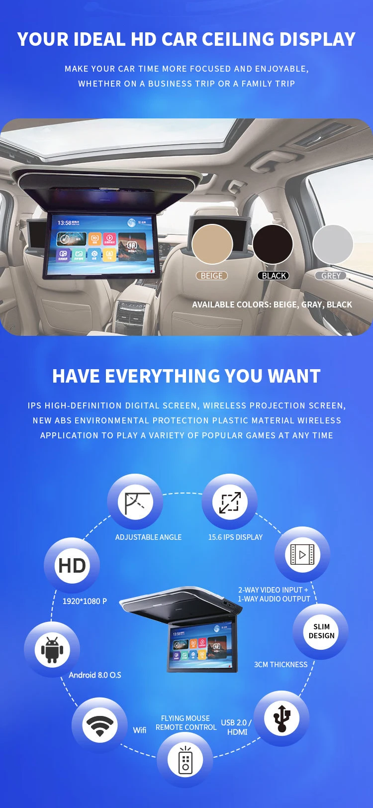 High Quality Ceiling Mounted Monitor 15.6'' Car Rooftop Tv Display ...