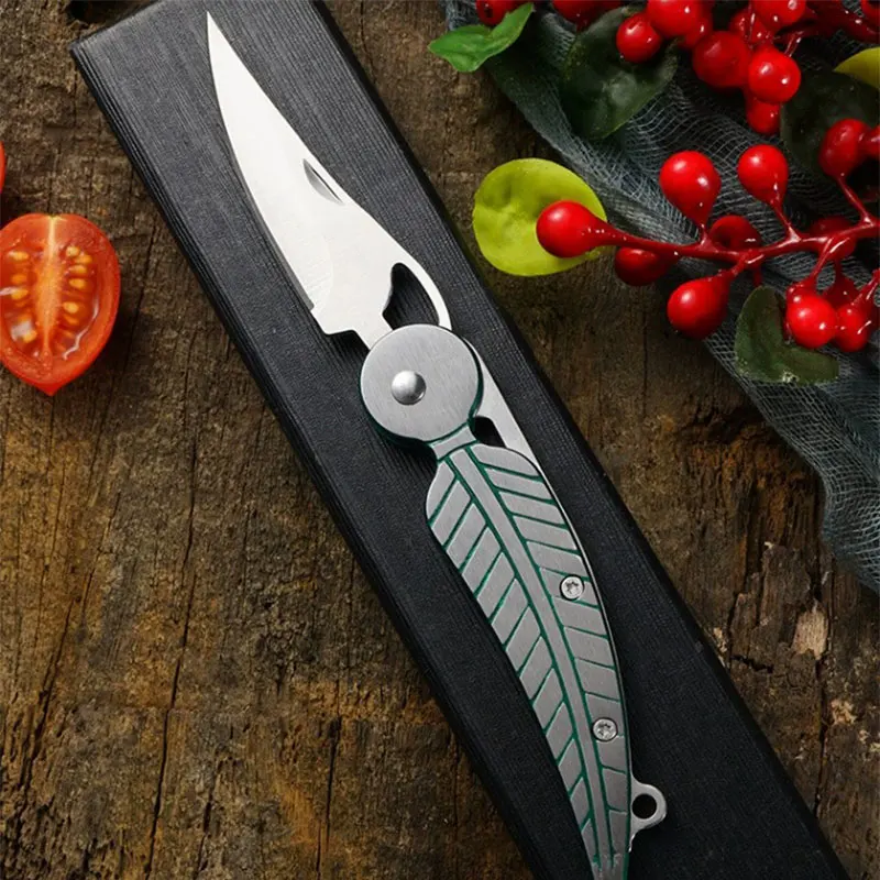 Jy0442t Stainless Steel Handle Knife Feather Shape Camping Folding ...