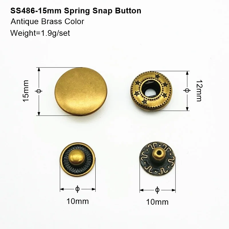 15mm Metal Snap Button with Antique Brass Color & Dry Cleaning