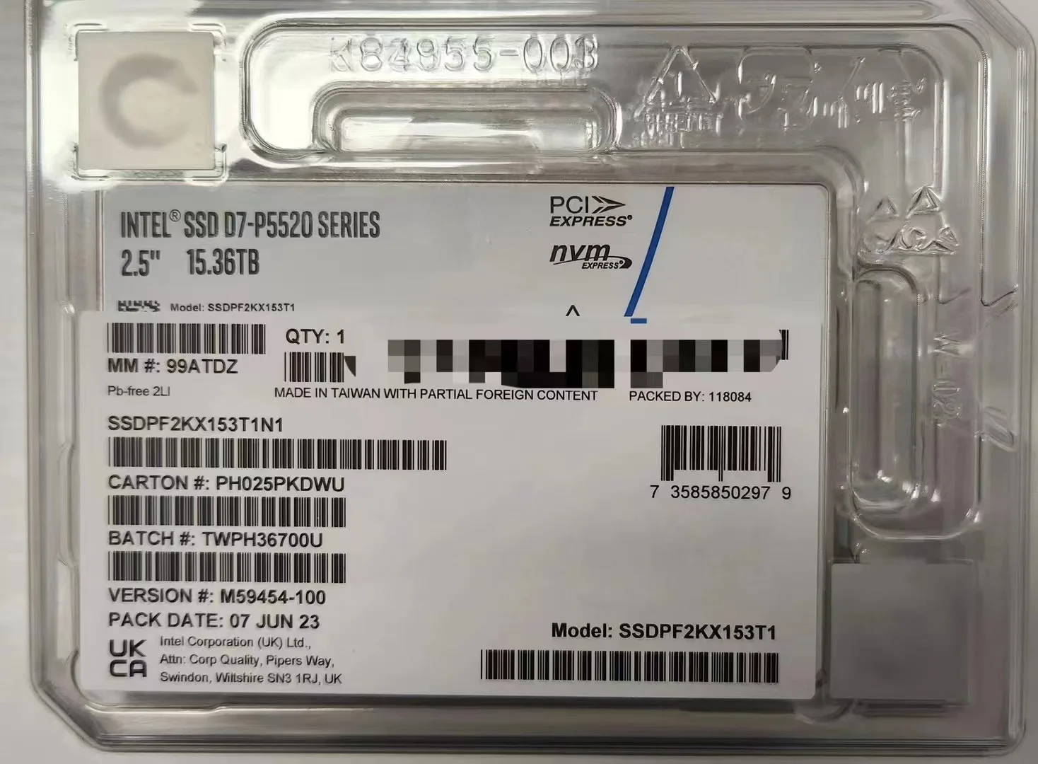 Intel SSD D7 P5520 15.36TB - High Performance Nvme SSD