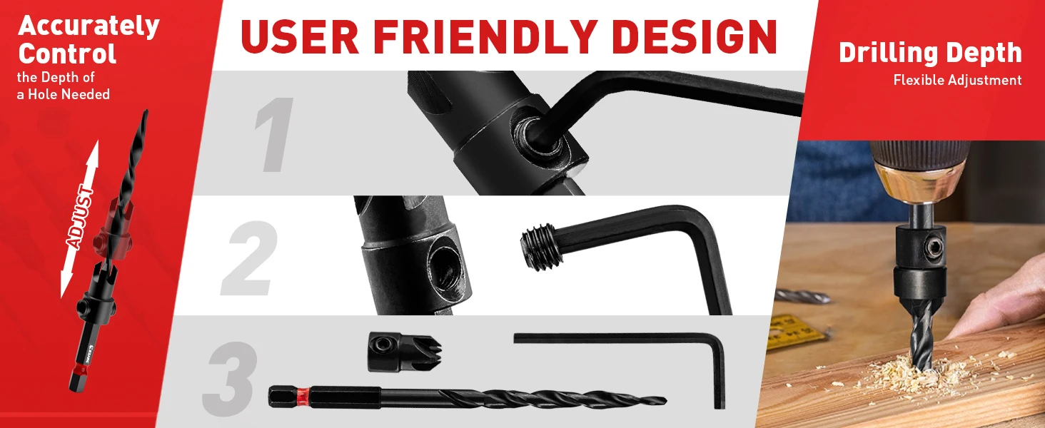 Ezarc Wood Countersink Drill Bit Set,4,6,8,10 Tapered Drill Bits,With 1 ...