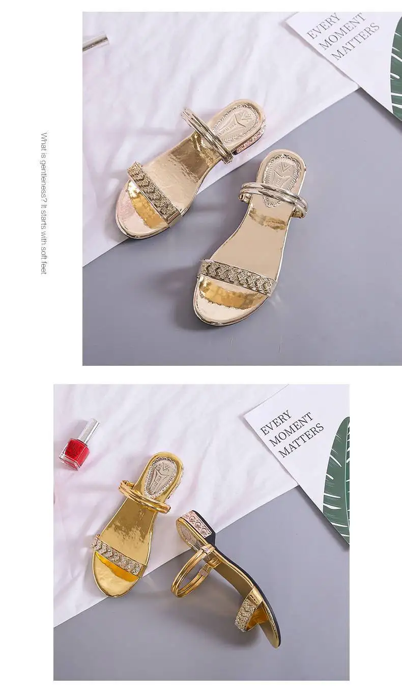 Hls576 Two-way Shoes Low Heel Large Size Rhinestone Gold Mid Heels ...