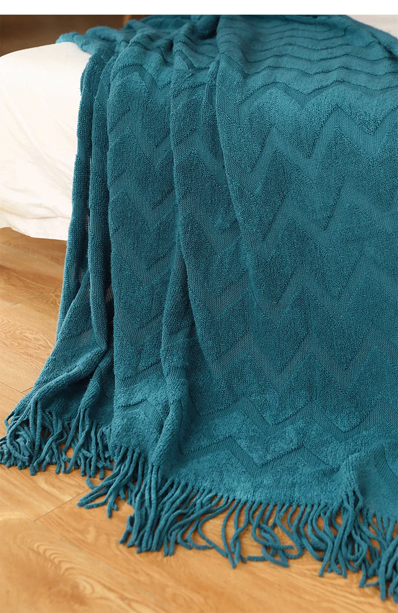 Nordic Tassel Trim Blue Throw Neutral Colors Throw Blanket For Couch ...