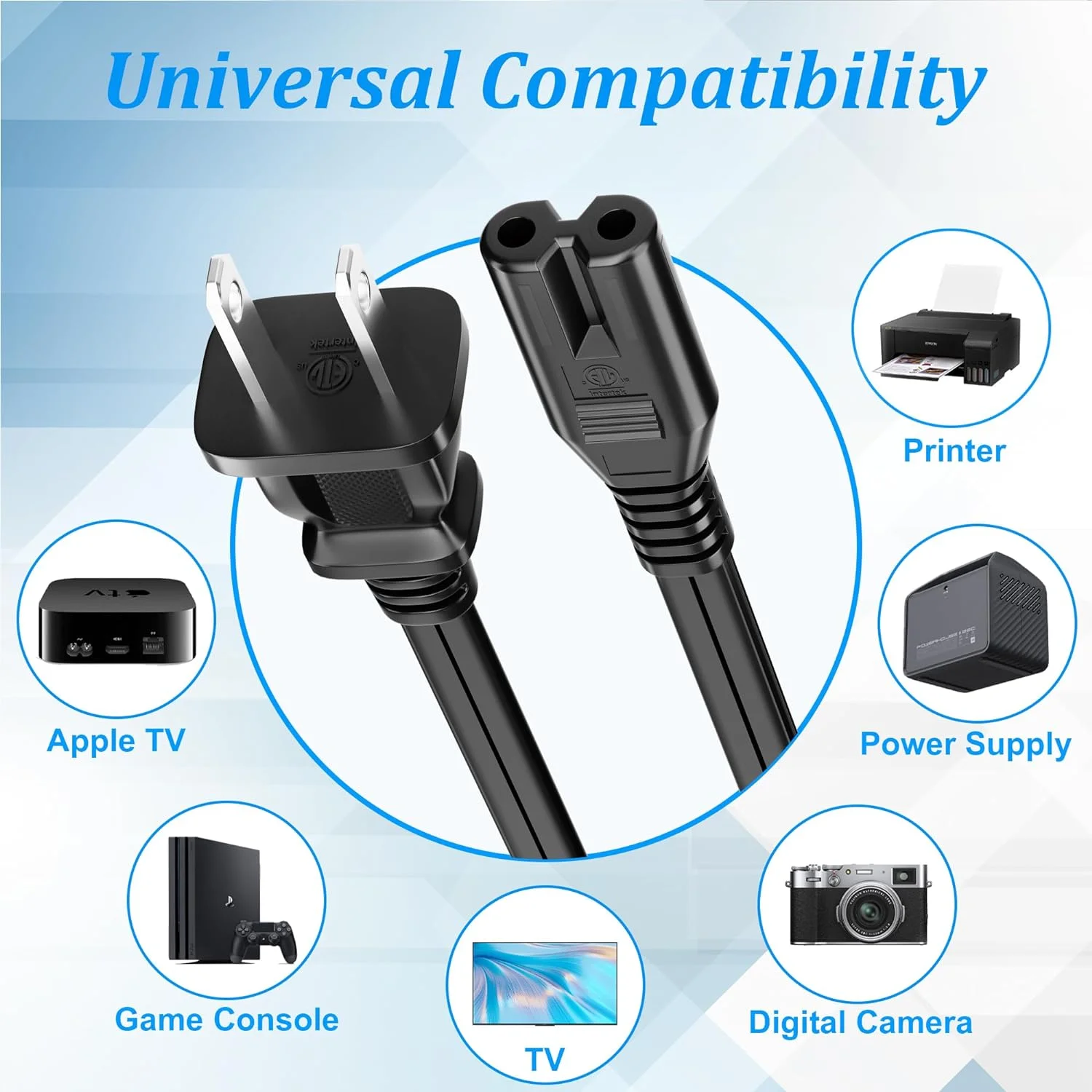 6ft Us Power Supply Cord Nema 1-15p Iec 60320 C7 Polarized Figure-8 ...