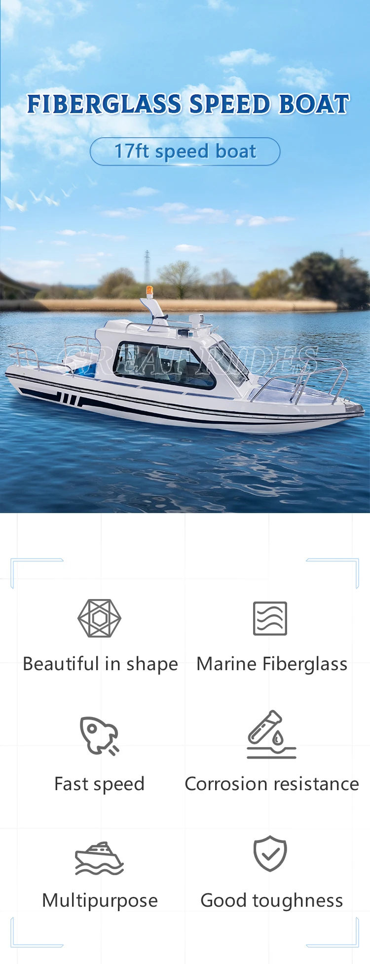 17ft/5.2m Fiberglass Small Jet Ski Wave Boat Half Closed Cabin Speed ...