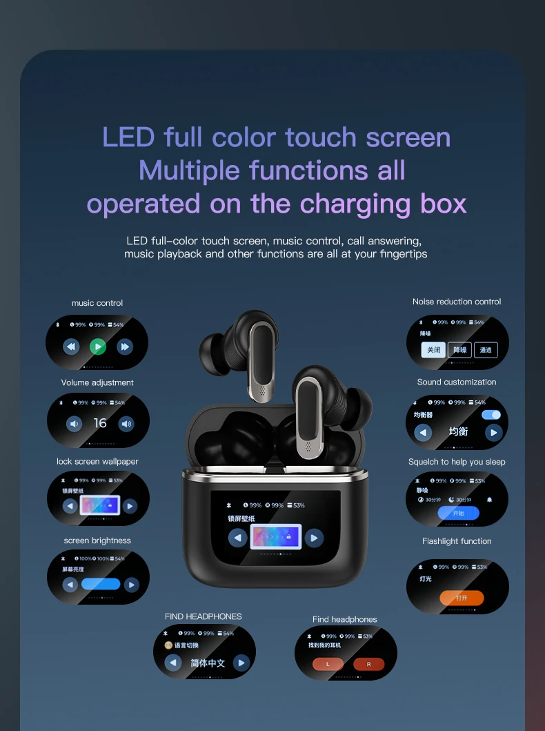 Newest Anc Enc 4 Mics Touch Lcd Screen Bt 5.3 Wireless Earbuds Deep ...
