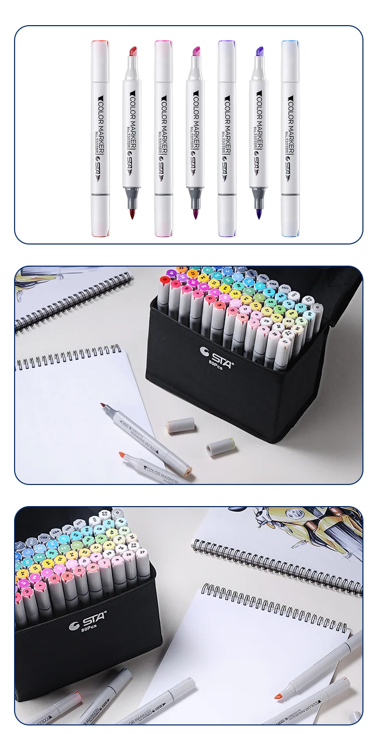 STA Dual Tip Art Brush Color Sketch Marker Permanent Ink Alcohol Marker ...