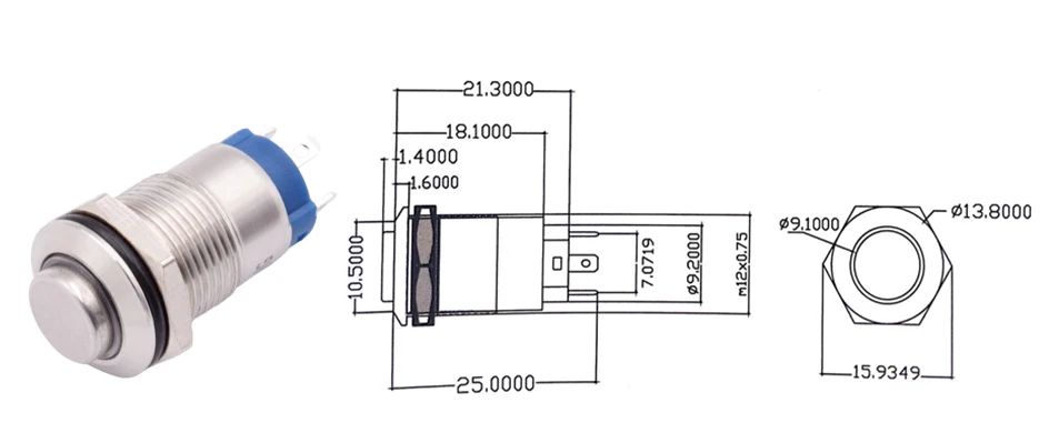 Flat Stainless Steel Switch - 12mm Momentary Latching