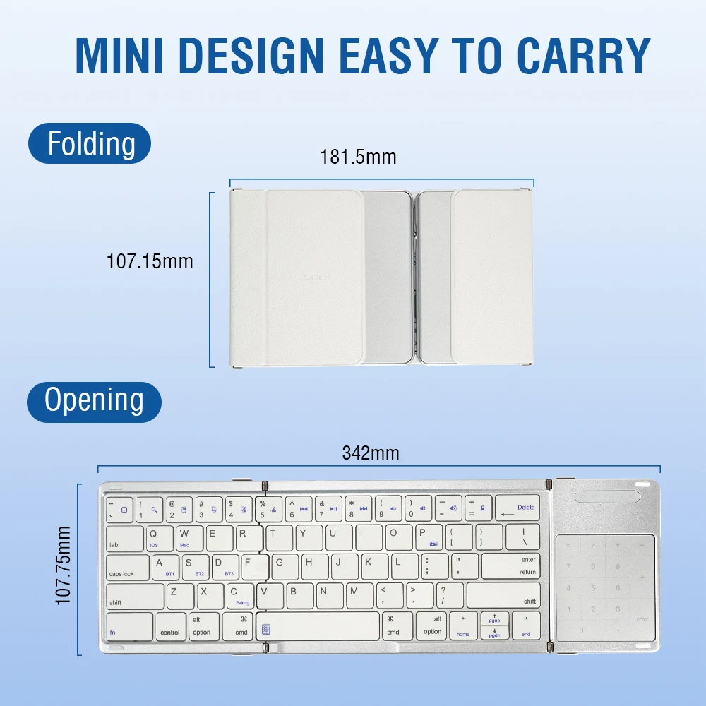 64 Keys Wireless BT Tri-fold Keyboard Touchpad Aluminum Rechargeable ...