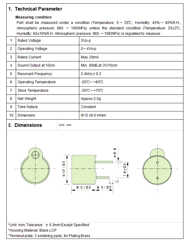 5V/12V/24V Active Integrated Buzzer 12 * 9.5MM DC Buzzer TMB12A05/12A12 ...