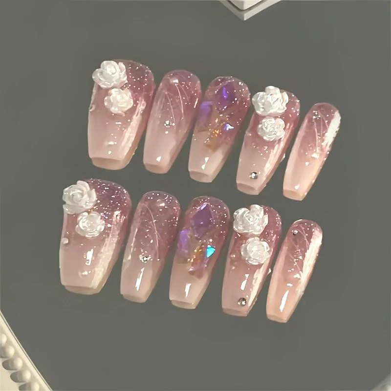 Luxury Diamond False Nails French Style Acrylic Artificial Fingernails ...