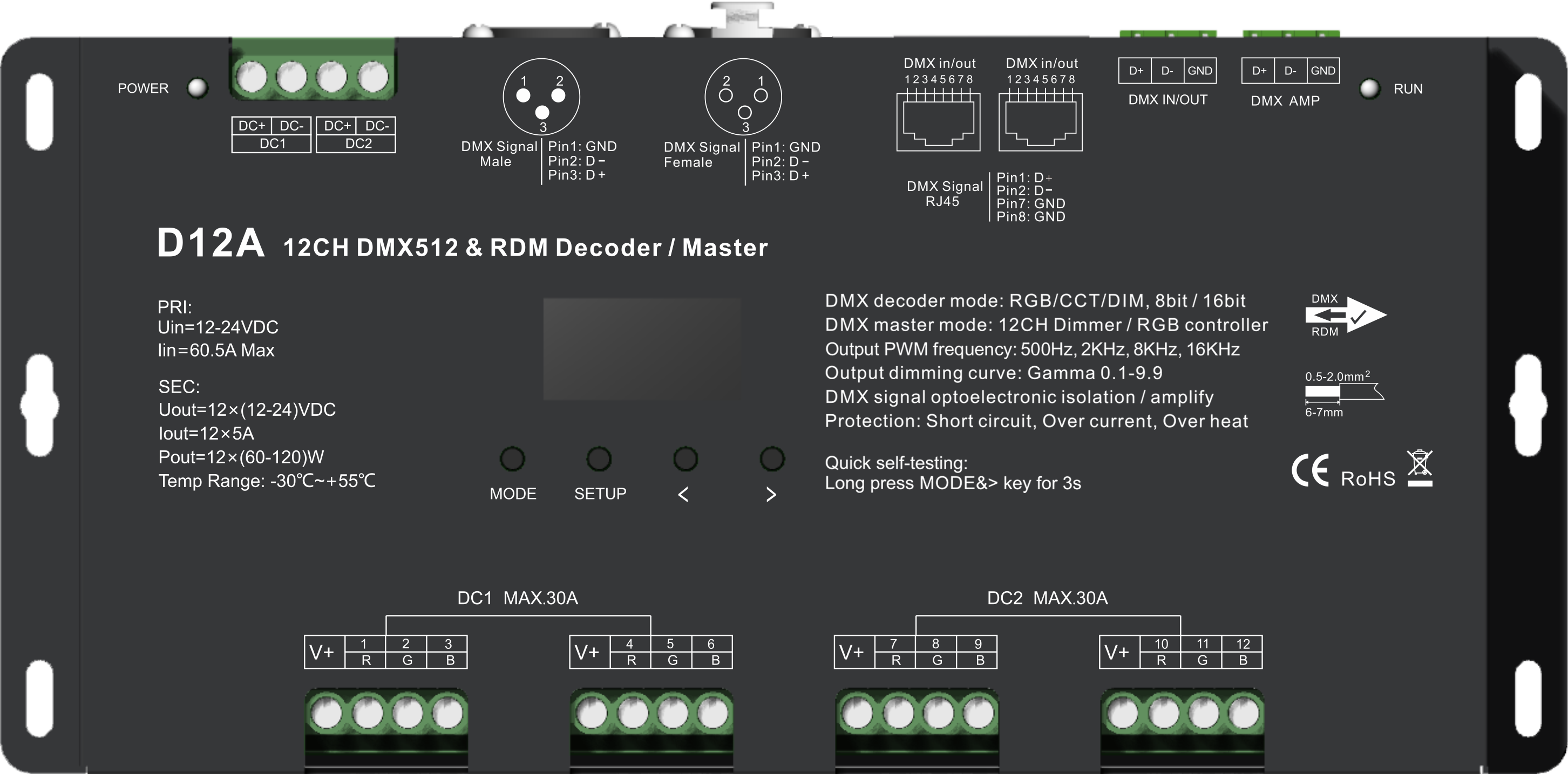 DMX D12A 12V Digital OLED Display PWM Controller 12 Channel 5A RGB RGBW DMX512 RDM Decoder 8A 6A ...