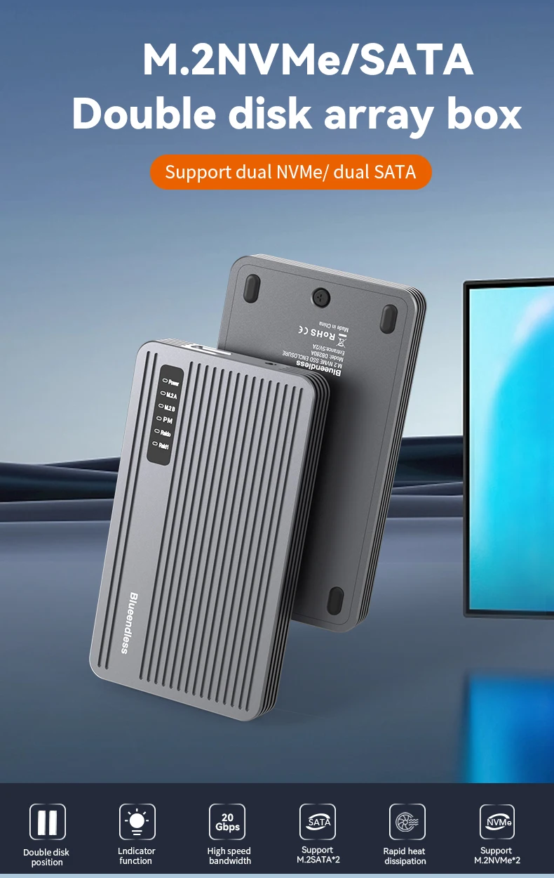 2 Bay Raid Nvme Enclosure For External M2 Solid State Drive Usb3.2 ...