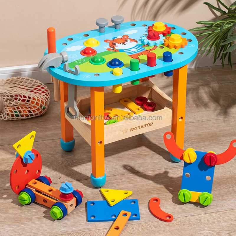 Modern Multi-function Table Toy Wooden Cartoon Tool Table Pretend ...