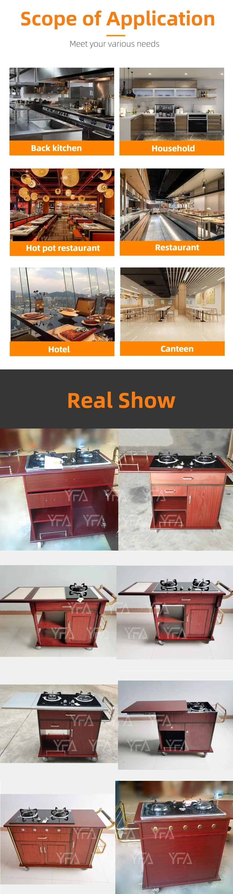 Luxury Red Double Gas Stove Flambe Trolley Cart Movable