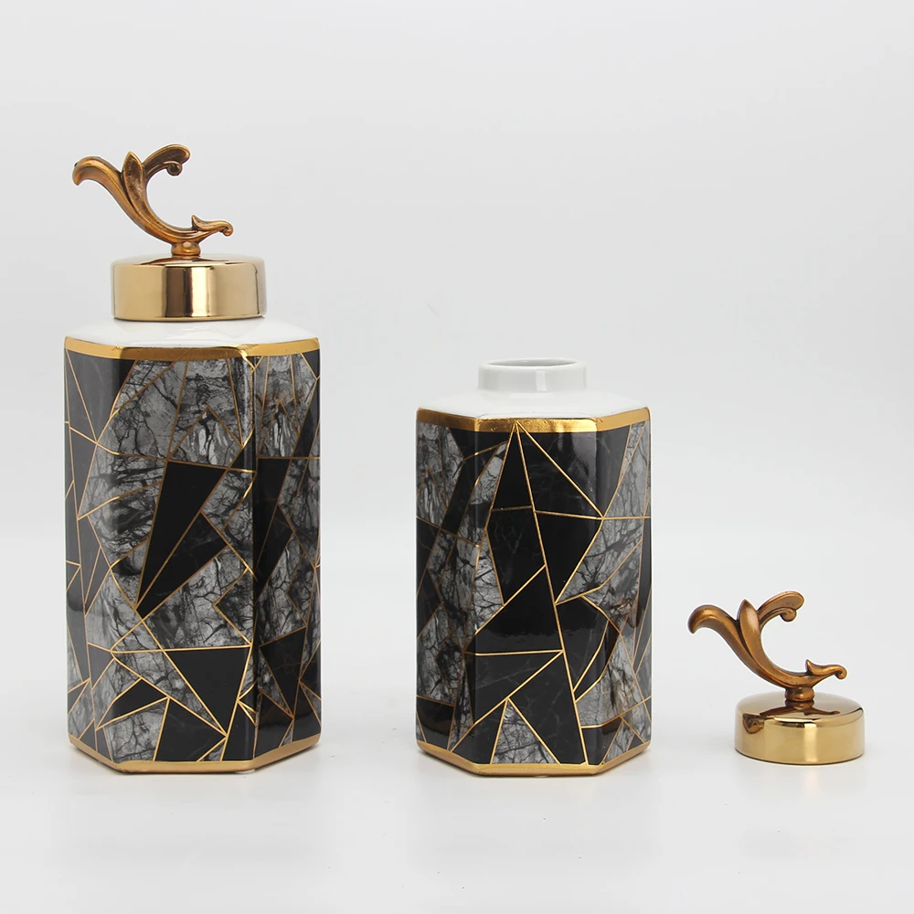 J060 Wholesale Modern Marble Custom Jar Tall Ceramic Jar Gold Lids Home ...