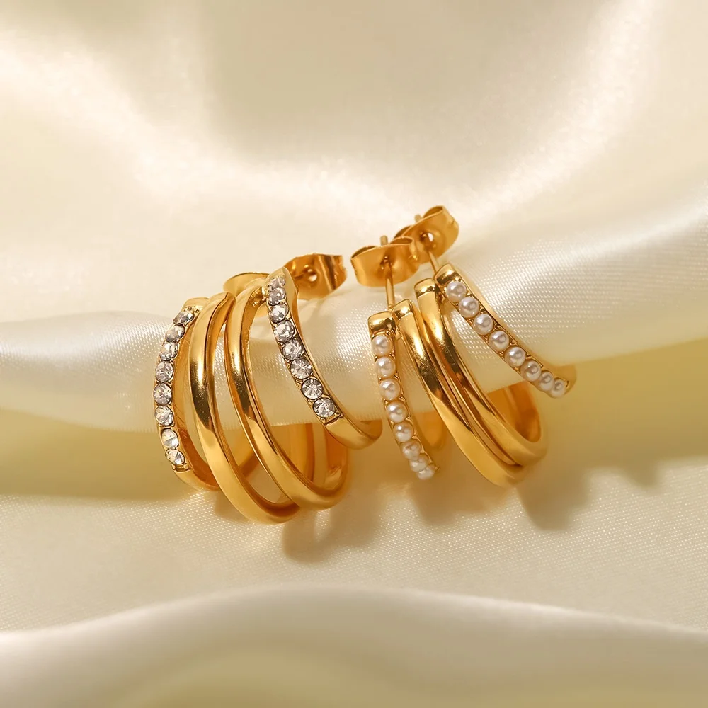 18k Gold Plated Stainless Steel Two Layer Hollow Cubic Zirconia Pearl C ...