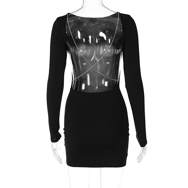 3343 O Neck Long Sleeve Chain Backless Open Womens Dresses Elegant