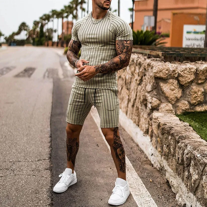 Men Tracksuit Set Striped Crew Neck Outdoor Street Short Sleeve 2 Piece ...