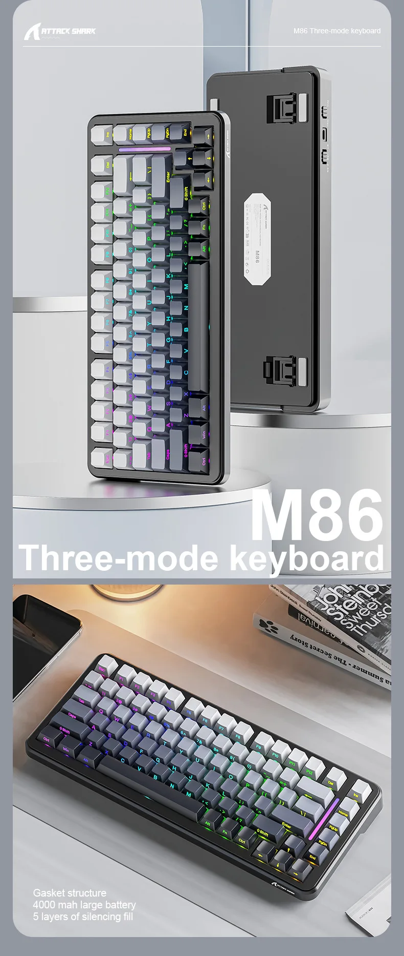 Attack Shark M86 Wireless Mechanical Keyboard BT RGB Three-mode ...