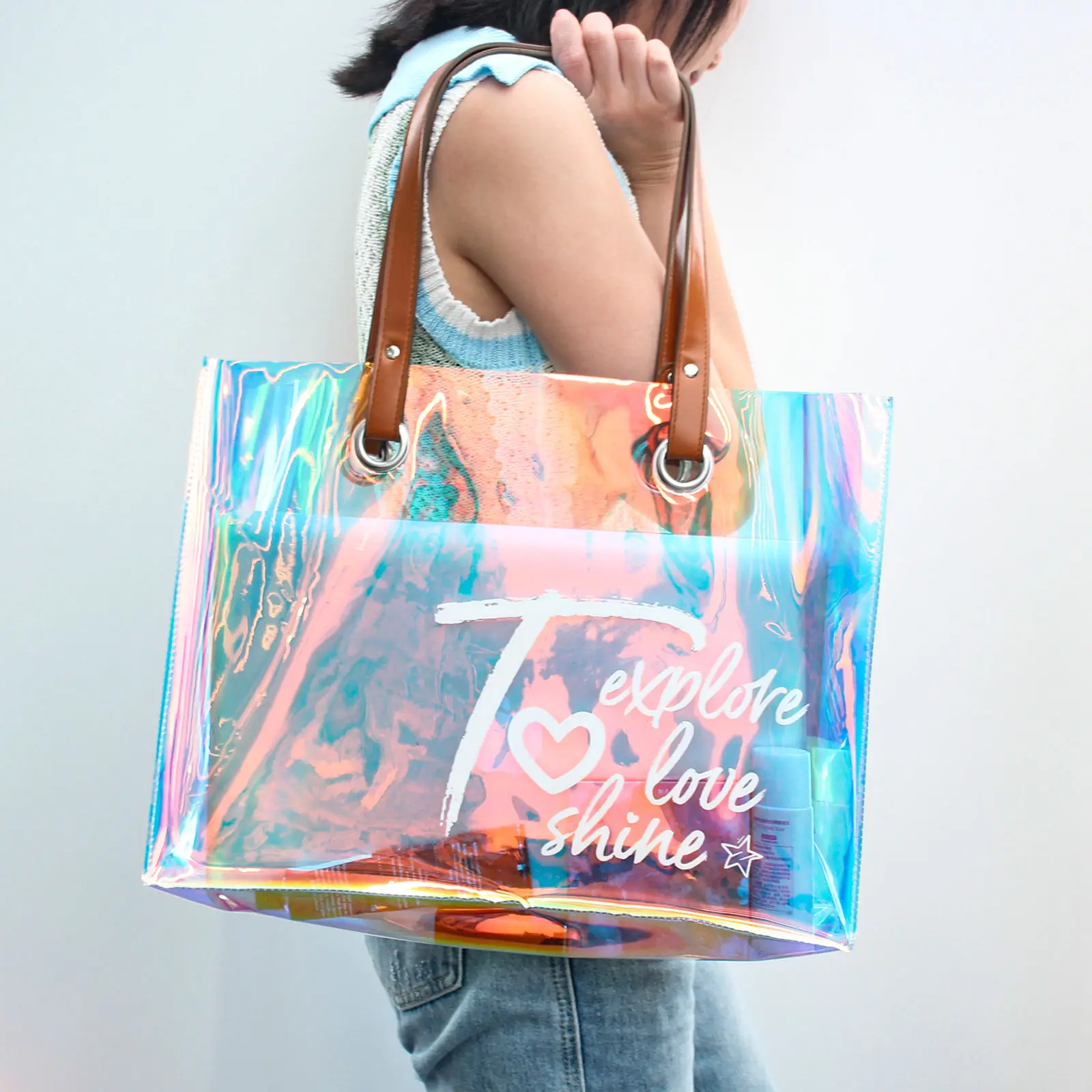 2023 Large Fashion Rainbow Pvc Handbag Holographic Iridescent Tote Bag ...