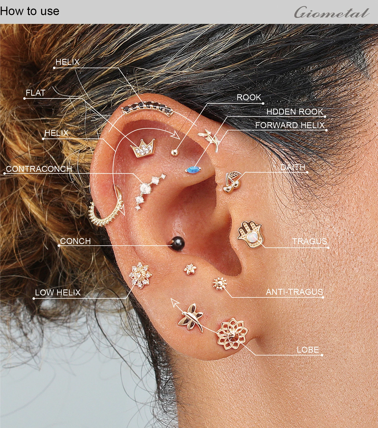 Giometal 14KT Solid Gold Baguetter and Round Top Helix Tragus Daith ...
