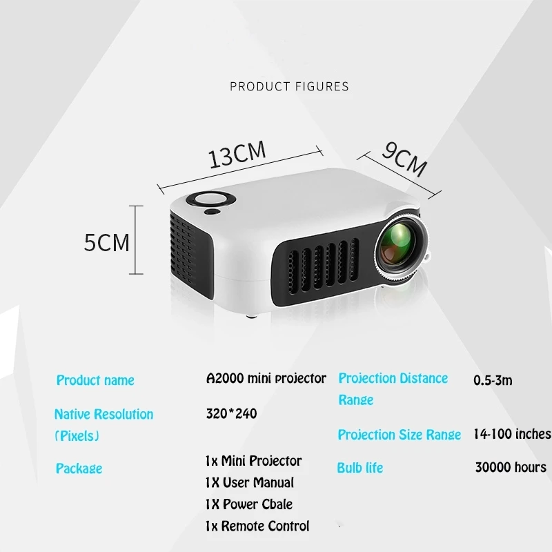 A2000 Mini Projector - Portable 240P HD Projector for Home