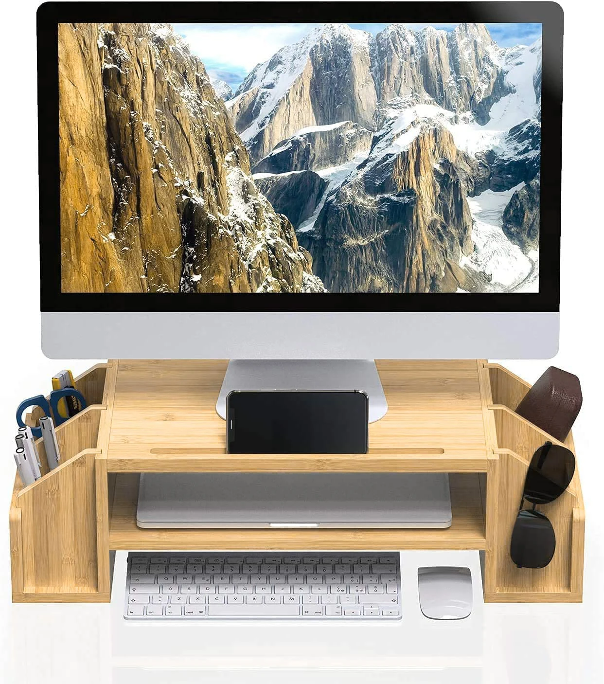 Bamboo Monitor Stand 2 Tiers Computer Monitor Riser With 4 Pockets ...