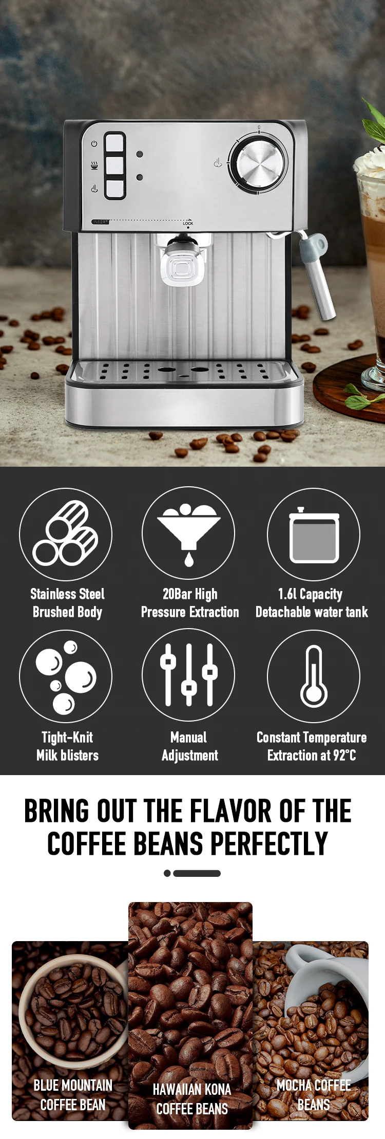 Ce Certificate Espresso Coffee Maker 850w 15 Bar 20 Bar Espresso Coffee ...