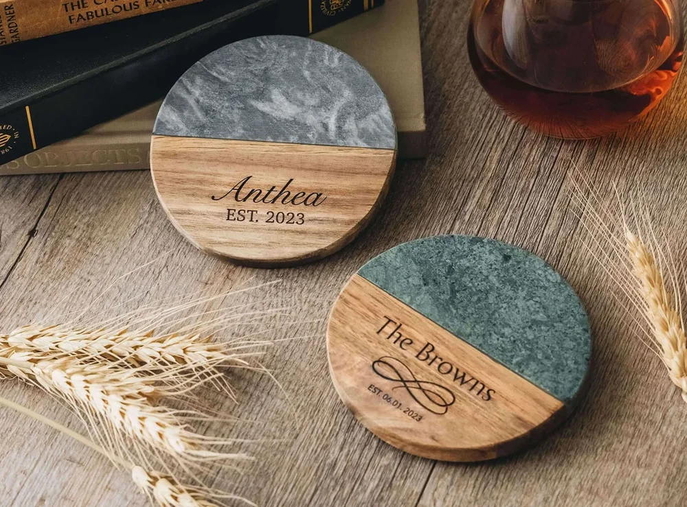 Custom Engraved Marble Wood Coasters - Personalized Gifts