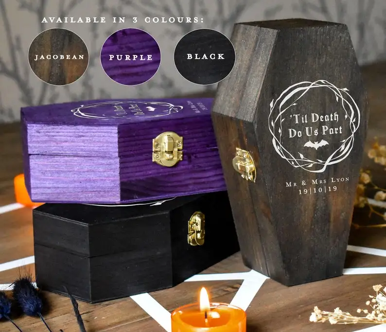 Custom Til Death Do Us Gothic Coffin Part Wedding Jewellery Trinket Ring Box Wooden Halloween ...