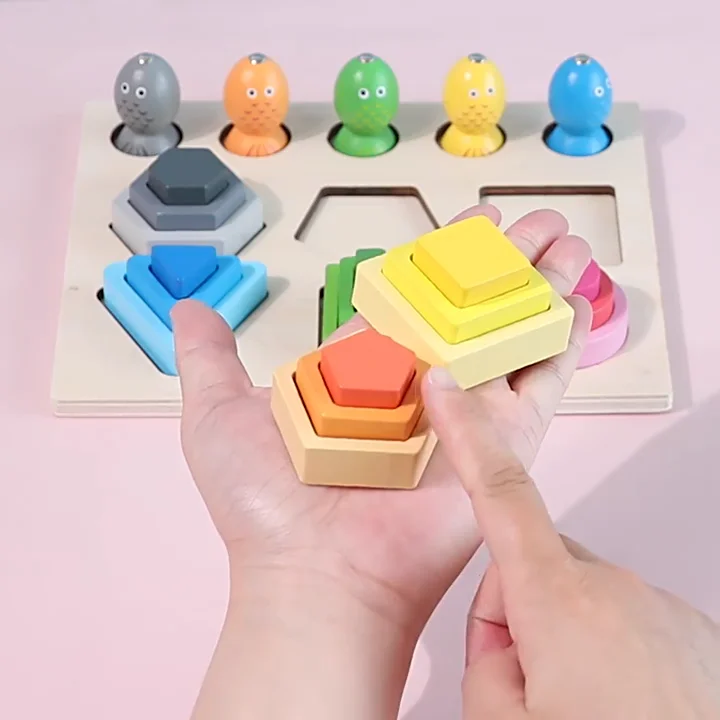 Montessori Wooden Toy Fishing Game Geometric Shape Matching Children's ...