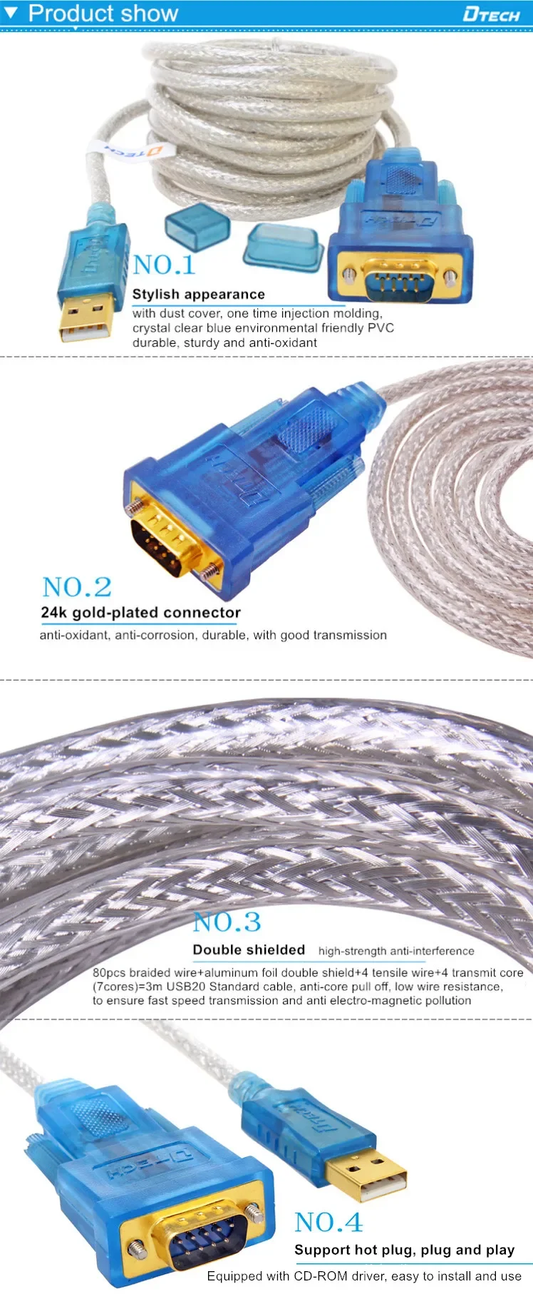 USB to 9 Pin RS232 Adapter Serial Computer Cable 0.5m 1m 1.2m 1.5m 2m ...