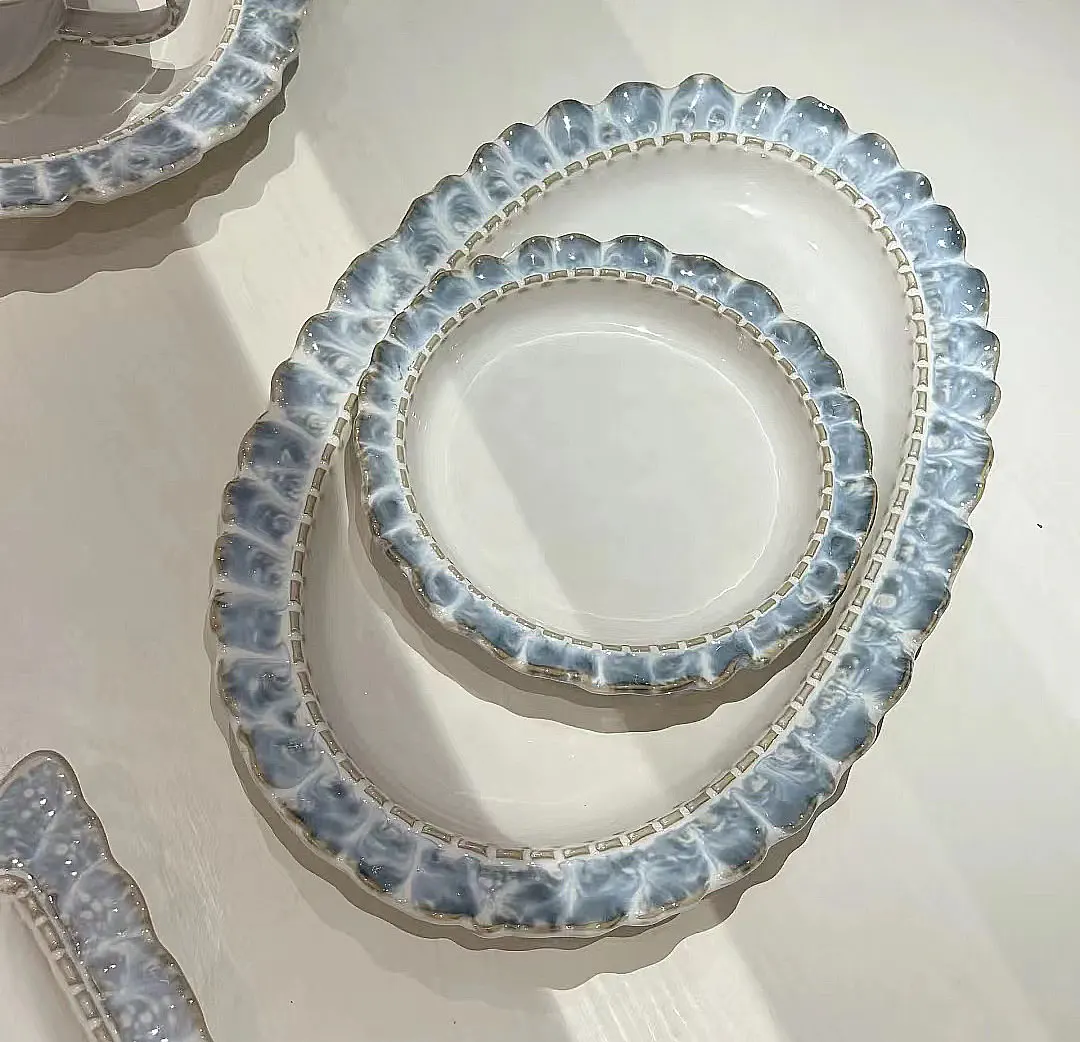 French Style Elegant Smoke Blue Ruffle Flower Ceramic Dinner Plate Set ...