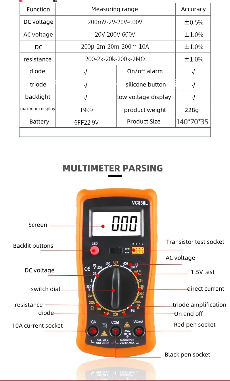 830l Digital Multimeters Smart Multimeter Dc Current Resistance Ac/dc ...
