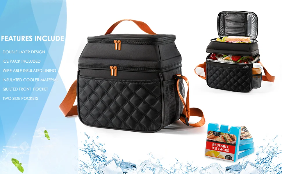 Double Deck Lunch Box with Ice Pack, Insulated Lunch Bag Women for Work ...