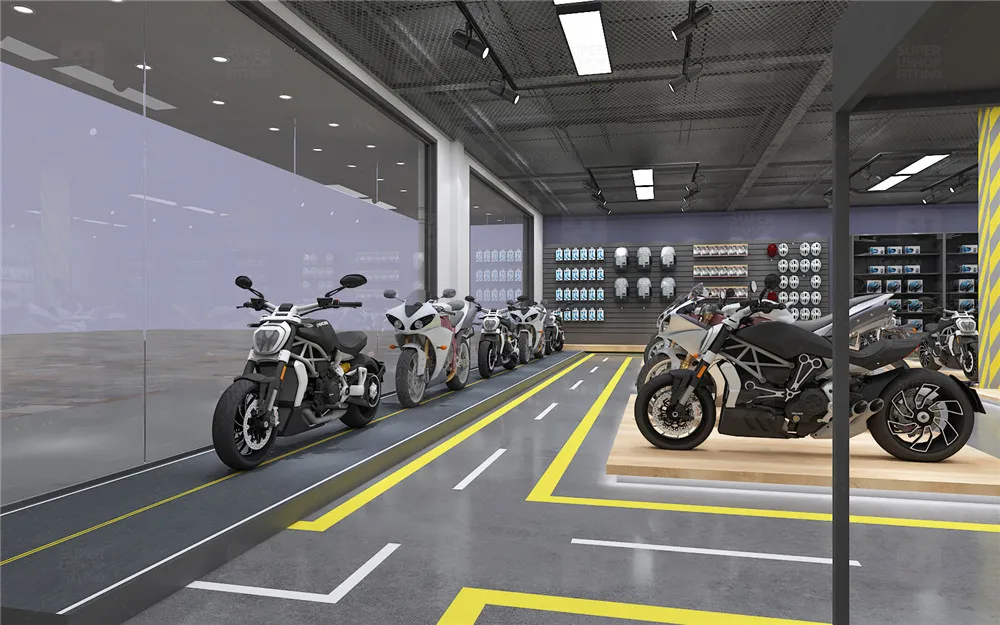 Custom Motorcycle Showroom Design: Stylish Wooden Fixtures for Bikes ...